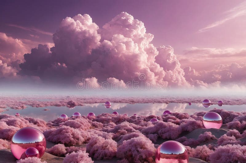 Dreamlike Landscape with Pink Clouds and Spheres, Fantasy Scene for ...