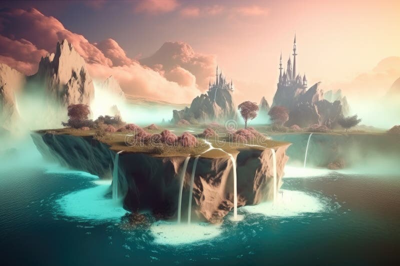 Dreamlike Landscape with Surreal Floating Islands and Waterfalls Stock ... Dreamlike Landscape with Surreal Floating Islands and Waterfalls Stock ...