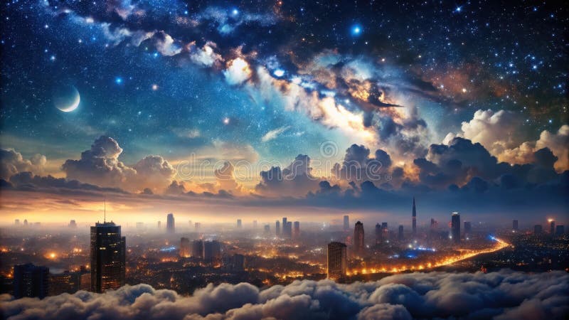 A Dreamlike Metropolis Basking in the Glow of a Celestial Canvas, Enveloped by a Sea of Clouds ...