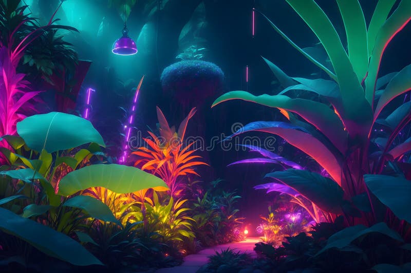 A Dreamlike Oasis of Neon-colored Plants, Illuminated by a Dazzling ...