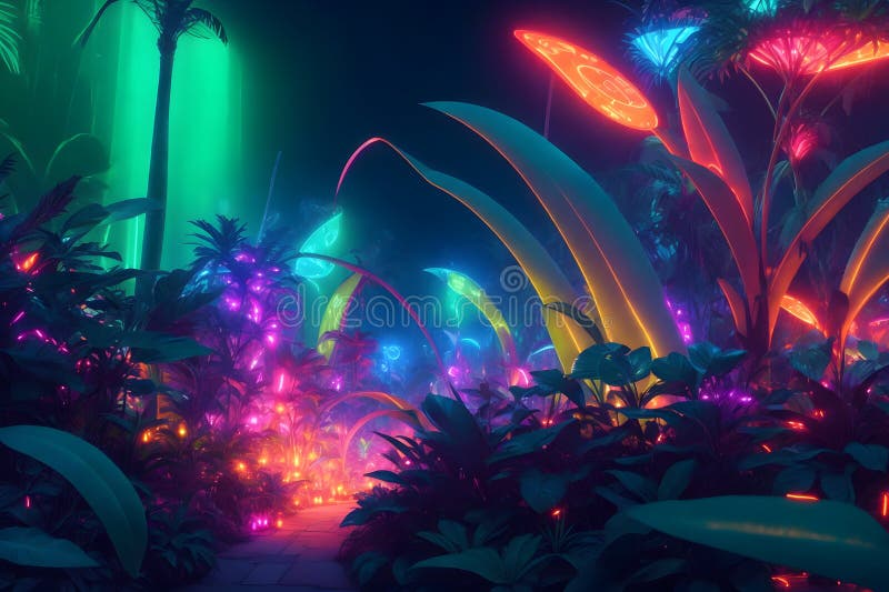 A Dreamlike Oasis of Neon-colored Plants, Illuminated by a Dazzling ...