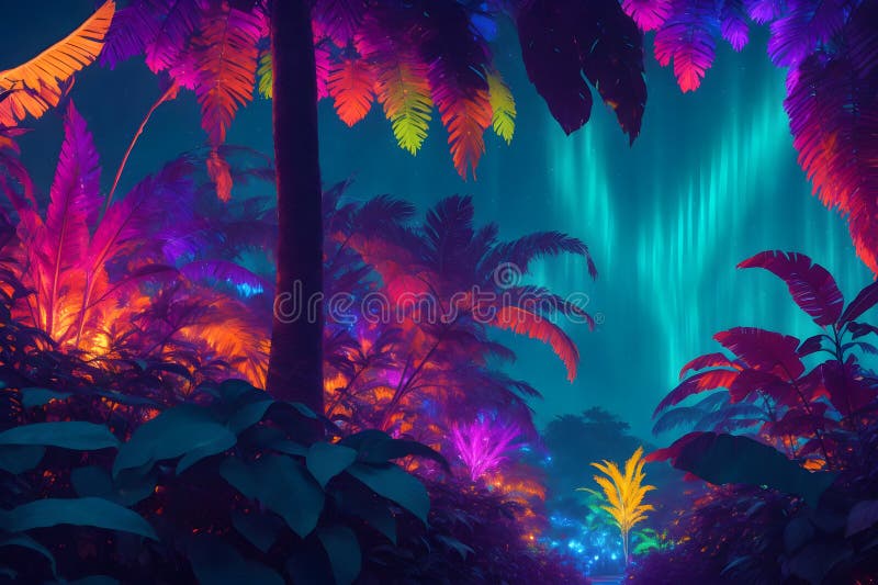 A Dreamlike Oasis of Neon-colored Plants, Illuminated by a Dazzling ...