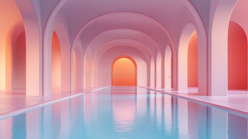 Dreamlike Pastel Pink Hallway with Pool Reflection Stock Illustration ...