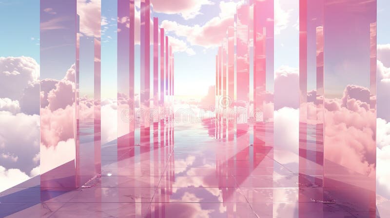 A Dreamlike Pathway of Reflective Pink Glass Columns in a Pastel ...