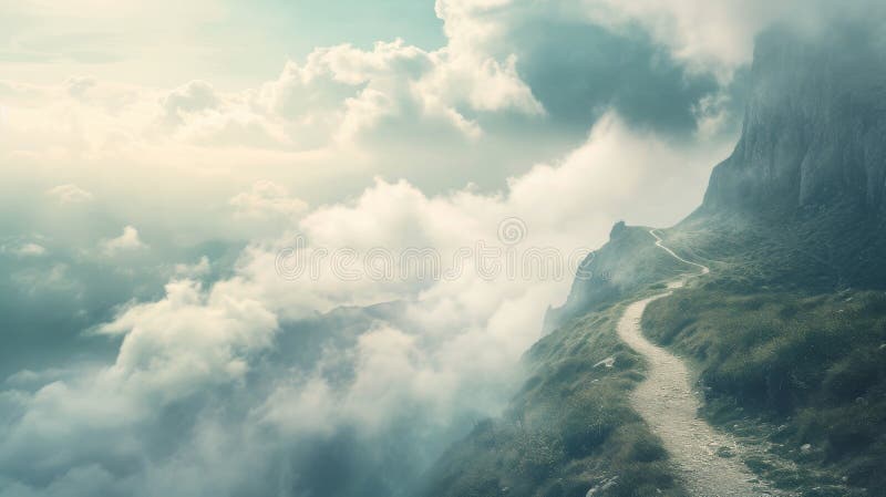 Pathway through Clouds on a Misty Mountain Stock Image - Image of ...