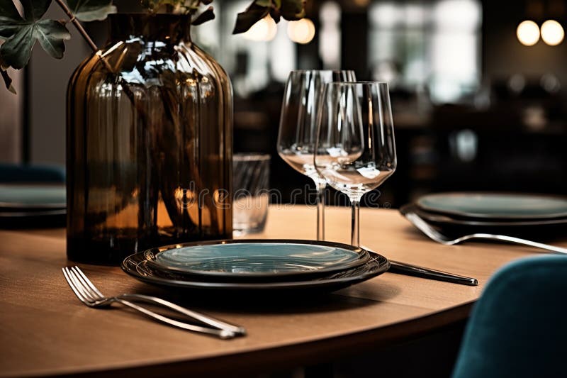 Dreamlike Scandinavian Restaurant Setting in Dark Beige and Light Azure ...