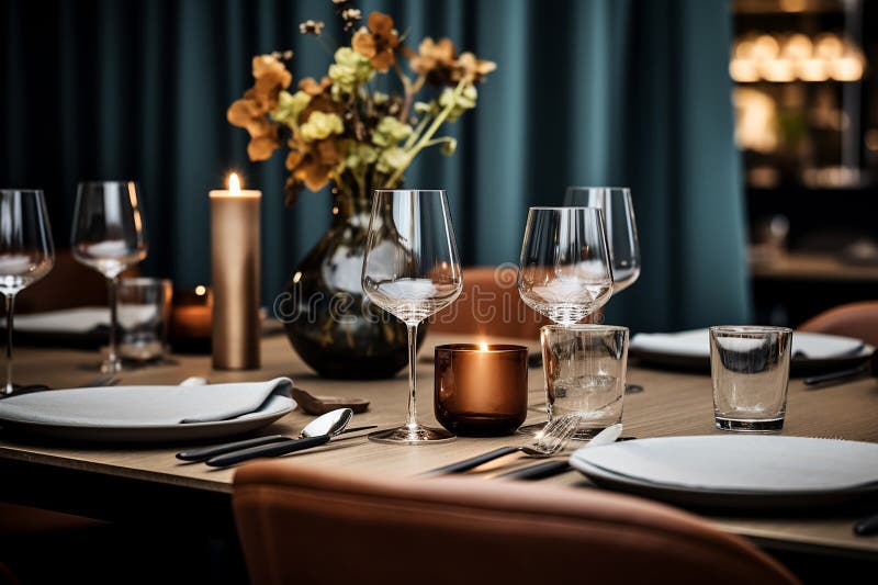 Dreamlike Scandinavian Restaurant Setting in Dark Beige and Light Azure ...