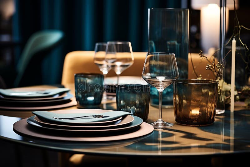 Dreamlike Scandinavian Restaurant Setting in Dark Beige and Light Azure ...