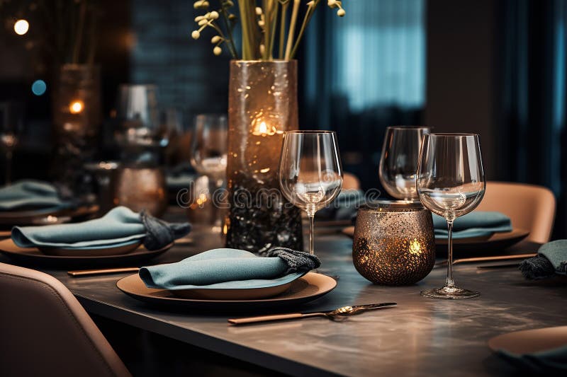 Dreamlike Scandinavian Restaurant Setting in Dark Beige and Light Azure ...