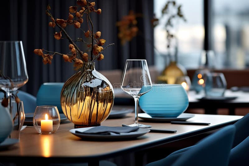 Dreamlike Scandinavian Restaurant Setting in Dark Beige and Light Azure ...