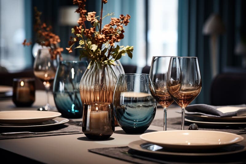 Dreamlike Scandinavian Restaurant Setting in Dark Beige and Light Azure ...