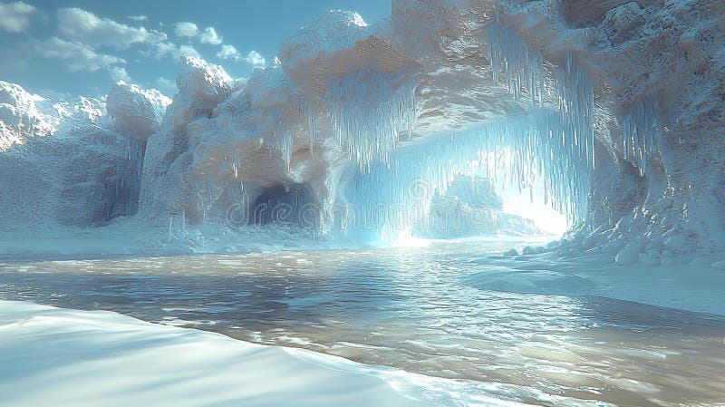 A Dreamlike Scene Featuring Immense Ice Structures that Mimic Frozen Waterfalls, Casting Ghostly ...