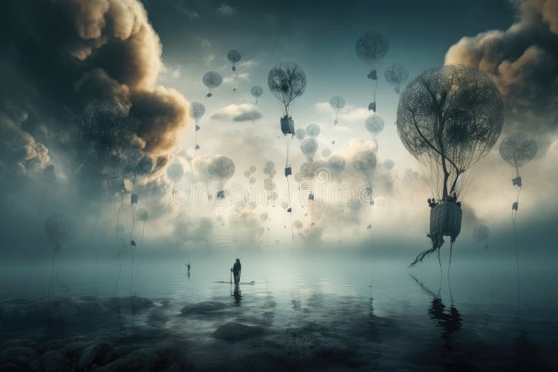 Dreamlike Scene with Floating Figures and Misty Background, in a ...