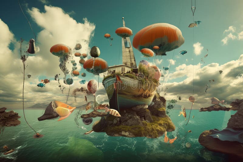 Dreamlike Scene with Surrealistic View, Featuring Floating Objects and ...