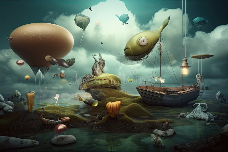 Dreamlike Scene with Surrealistic View, Featuring Floating Objects and ...