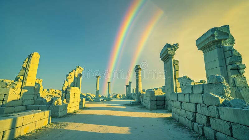 A Dreamlike Scene Under a Rainbow, Where Shadows Stretch Across Ancient ...