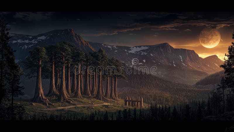 Dreamlike Stylized Forest Landscape Under a Glowing Night Sky Stock ...
