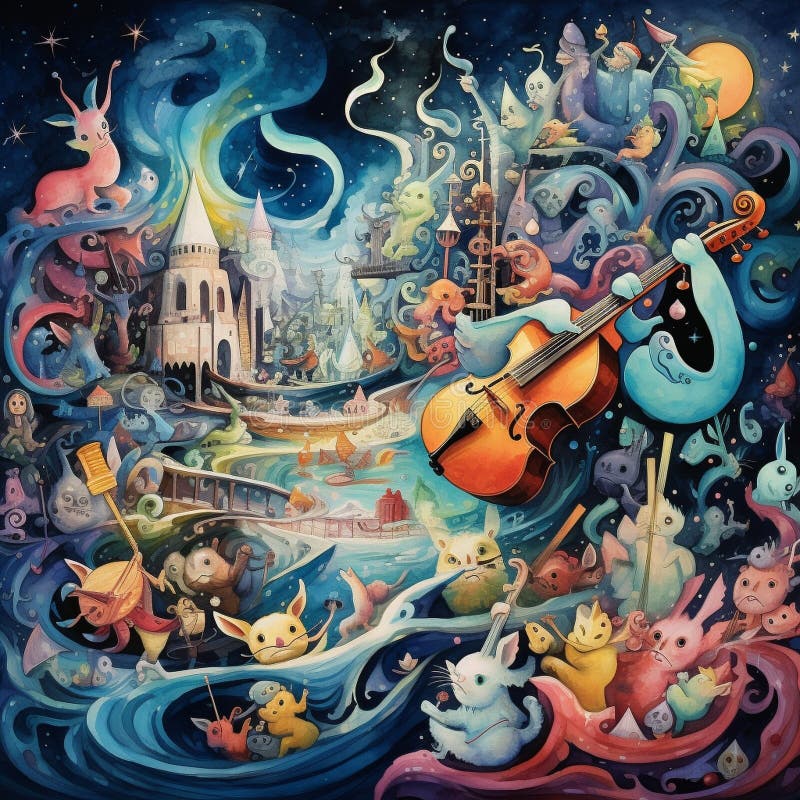 Dreamlike Symphony of Whimsical Creatures and Fantastical Objects Stock ...