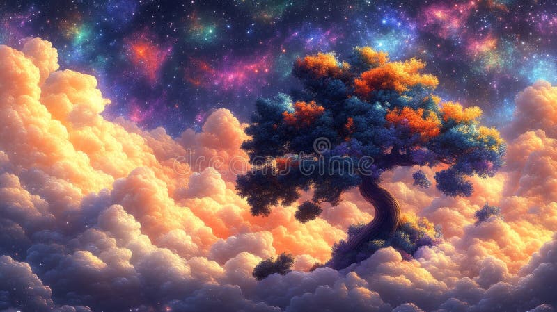 Dreamlike Tree Floating among Vibrant Clouds and Stars Stock ...