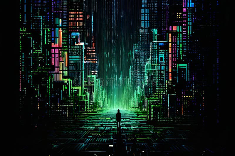 A Dreamscape Made Entirely of Pixel Art Where Matrix Code Stream Stock ...