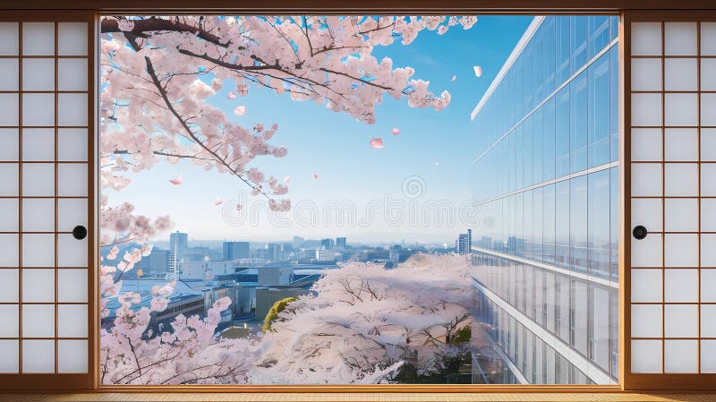 Serene Japanese Room with Sakura Blossom View from Window. Stock ...