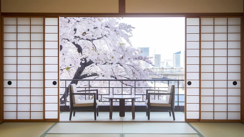 Serene Japanese Room with Sakura Blossom View from Window. Stock ...