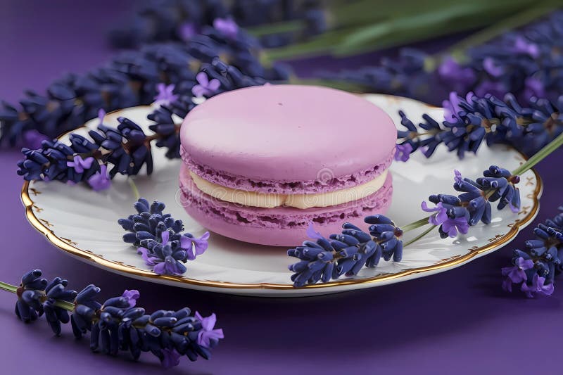 French Macarons with Lavender Flavor and Fresh Lavender Flowers on a ...