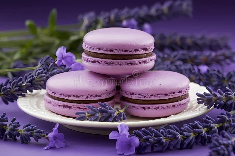 French Macarons with Lavender Flavor and Fresh Lavender Flowers on a ...