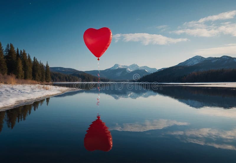 Remote Serenade: Red Heart Balloon Floating Above Icy Waters Stock ...