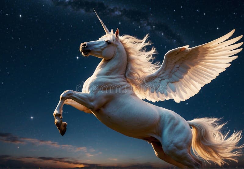 Regal Winged Unicorn Rearing Up Under Starry Sky Stock Illustration ...