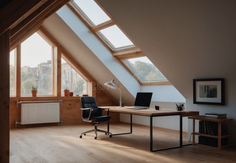 Elevated Efficiency: Luxurious Bright Modern Attic Office Space Stock Illustration ...