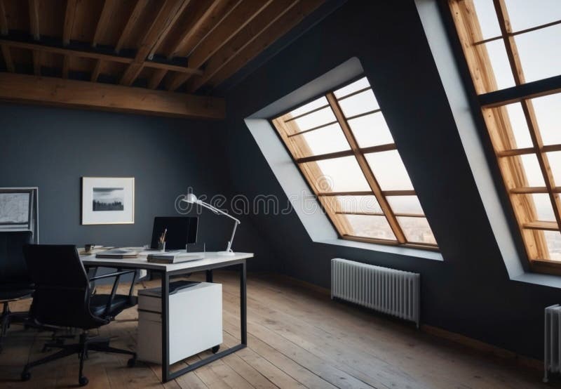 Elevated Efficiency: Dark Modern Attic Office Space Stock Illustration - Illustration of attic ...