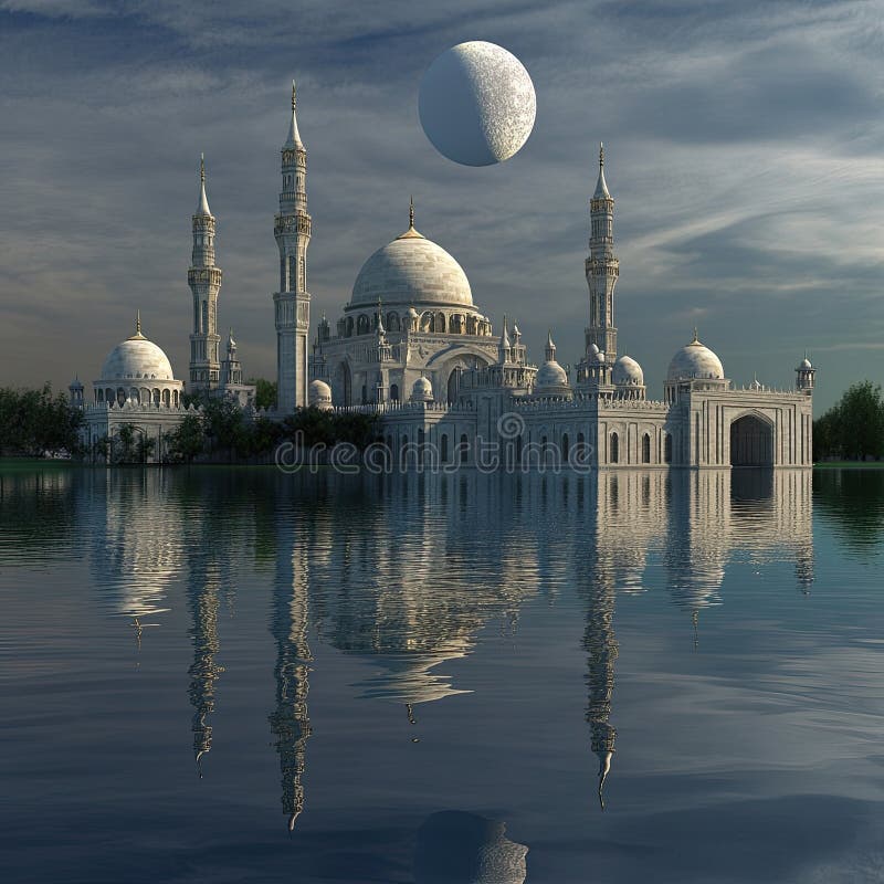 Mosque Moon Reflection Water Stock Image - Image of religion, night ...