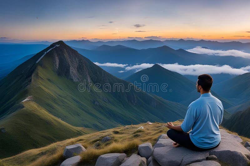 Serene Mountain Meditation, Clouds Around Stock Illustration ...