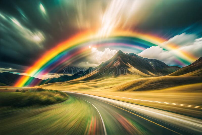 Dreamy Abstract Scene with Blurred Motion, Rainbow and Mountain Peaks ...
