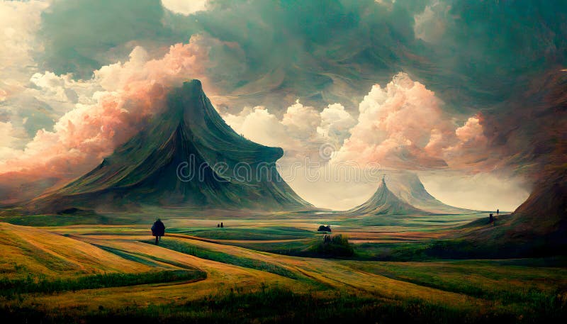 Dreamy Alien Landscape with Butte Mountains and Strange Clouds, Neural ...