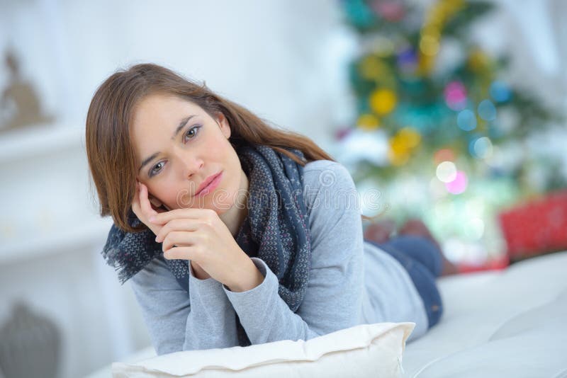Dreamy Attractive Young Female Lying on Floor Stock Image - Image of ...