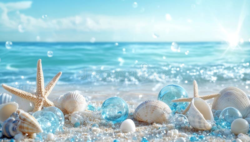 Dreamy Beach Scene with Blue and White Shells, Starfish, and Clear ...