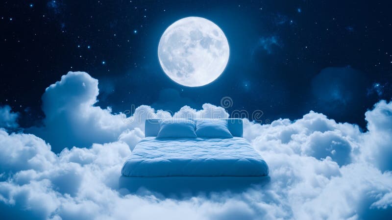 Dreamy Bed Floating Clouds Under Full Moon Stock Photos - Free ...