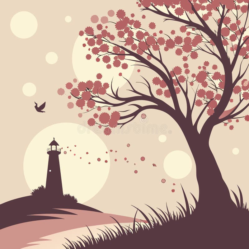 Dreamy Blossom Tree and Lighthouse Vector Illustration Stock ...