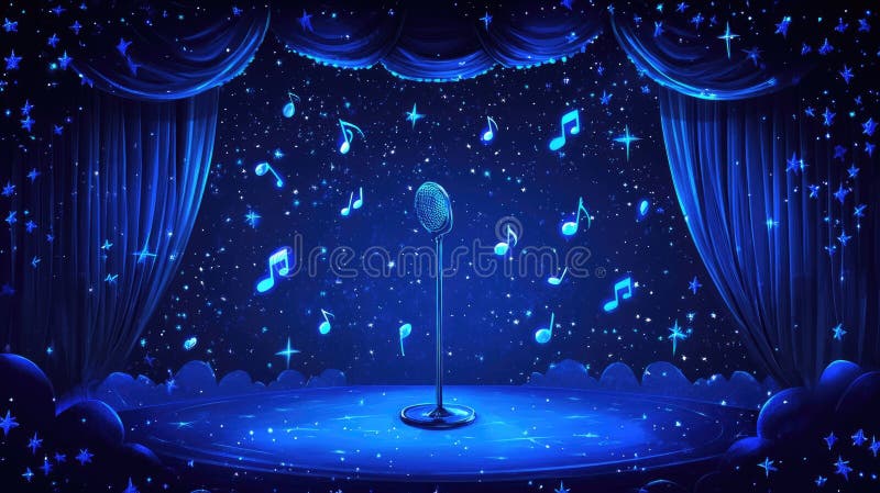 Dreamy Blue Stage with Microphone and Musical Notes in Starry Night Sky ...