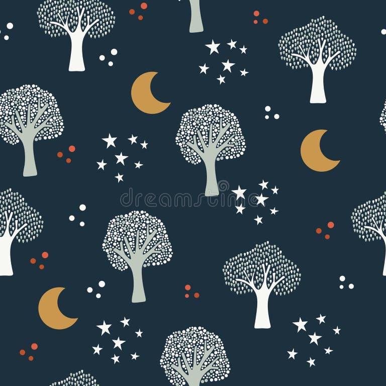 Dreamy Celestial Forest Pattern with Moon and Stars on Dark Blue ...