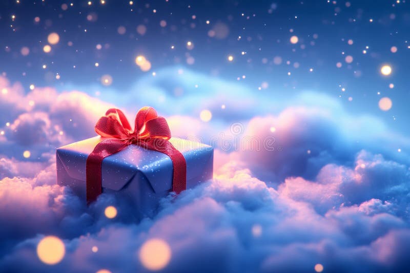 Dreamy Christmas Gift Box with Red Ribbon on Fluffy Clouds. Stock Image ...