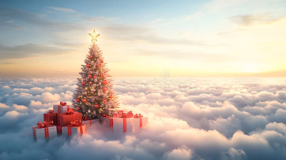 Dreamy Christmas Tree with Presents in a Heavenly Cloudscape Background ...