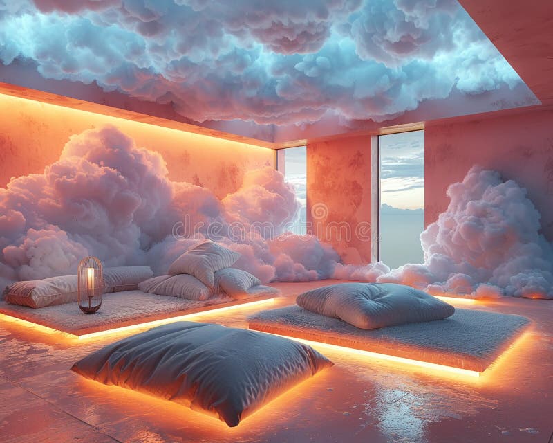 Dreamy Cloud Room with Soft Lighting and Fluffy Floor Pillows Stock ...
