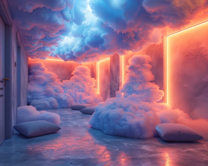 Dreamy Cloud Room with Soft Lighting and Fluffy Floor Pillows3D Render ...