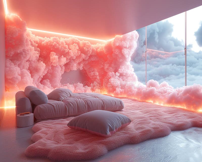 Dreamy Cloud Room with Soft Lighting and Fluffy Floor Pillows3D Render Stock Illustration ...