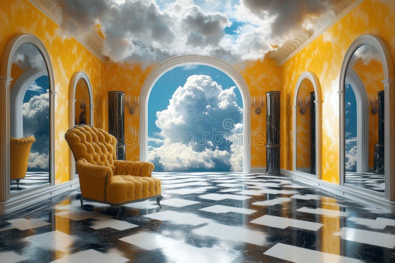 Dreamy Cloudscape Room with Yellow Walls Surreal Interior Design ...