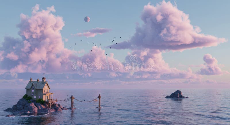 Dreamy Coastal Landscape with Floating Clouds and Remote Island House ...