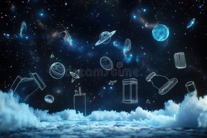 Dreamy Cosmic Landscape with Floating Celestial Bodies and Jars in a ...